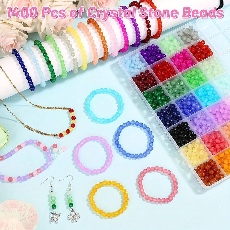 1400pcs 6mm Round Glass Beads Diy Jewelry Making Set With 28 Colors ...