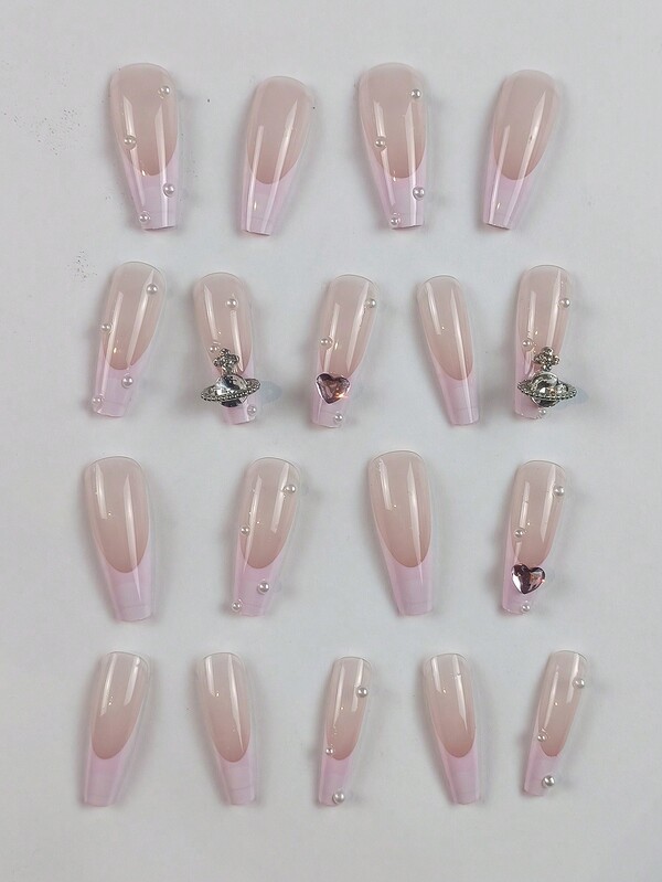 24pcs/set Coffin Shaped False Nails With Heart Design, Faux Pearls ...