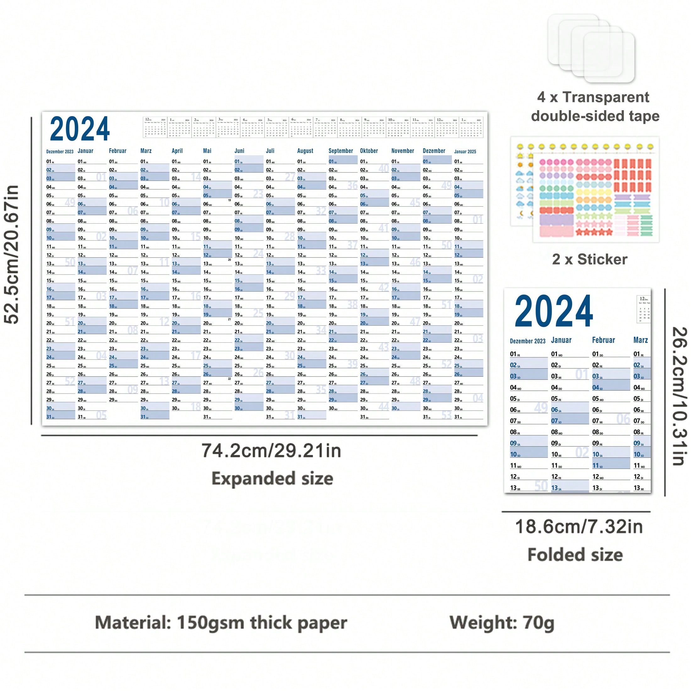 2024 Wall Planner Calendar, 52.5x74.2cm, Full Year View Runs from ...