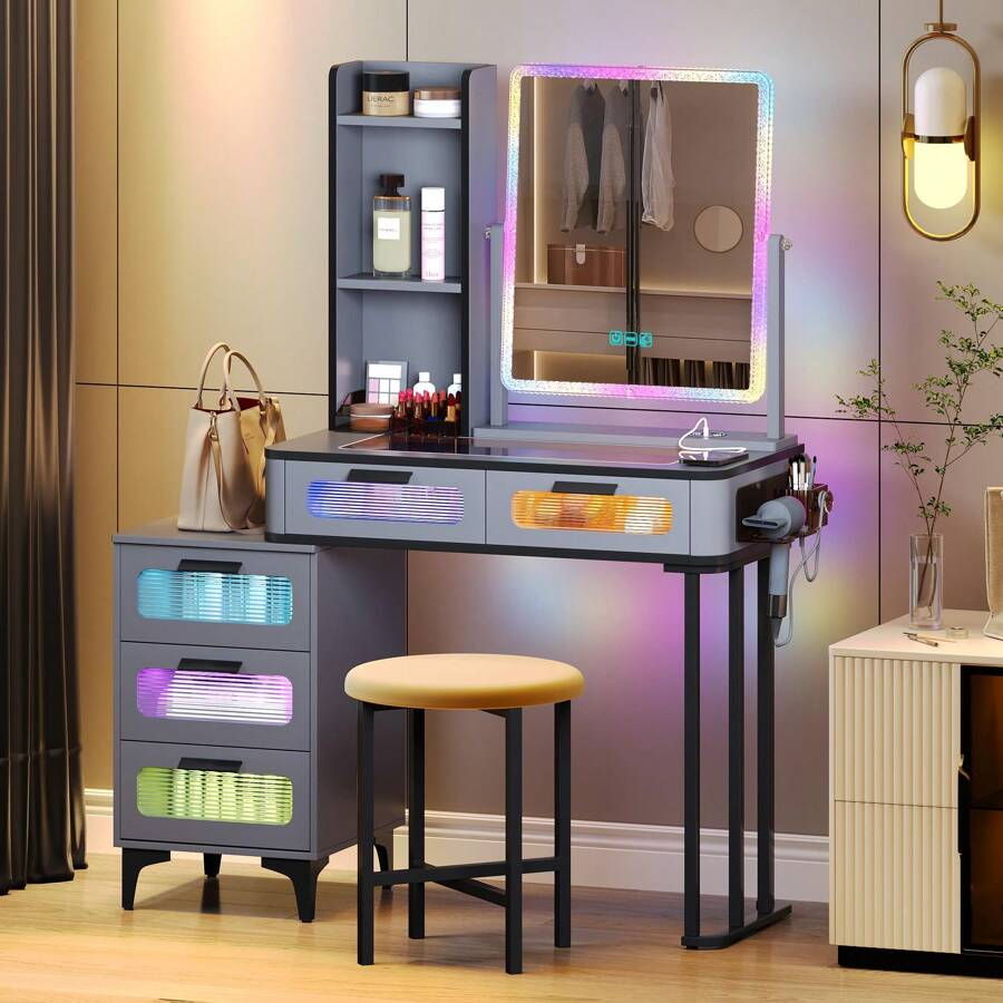 FREDEES Vanity Desk with Mirror&Lights,Glass Desktop RGB Makeup Vanity ...