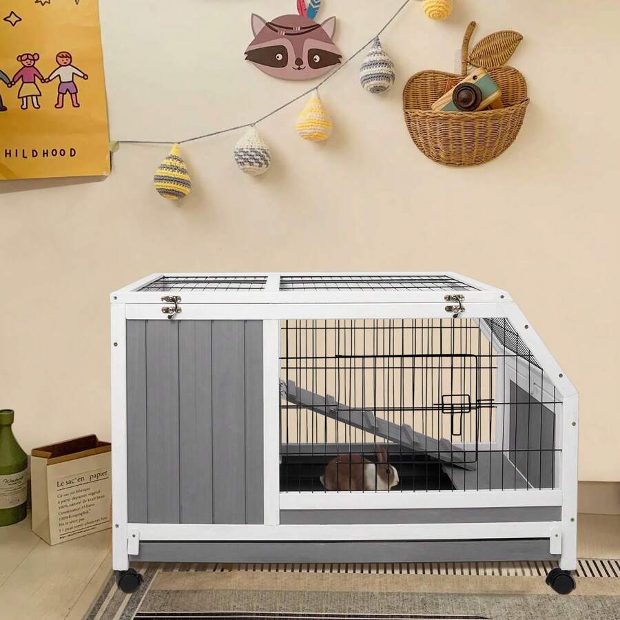 Petscosset Rabbit Hutch Indoor - Rabbit Cage Indoor Greywhite Bunny ...