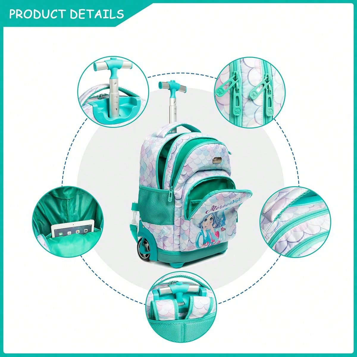 3PCS Green Girls Polyester Rolling Backpack Mermaid Rolling Backpack ...