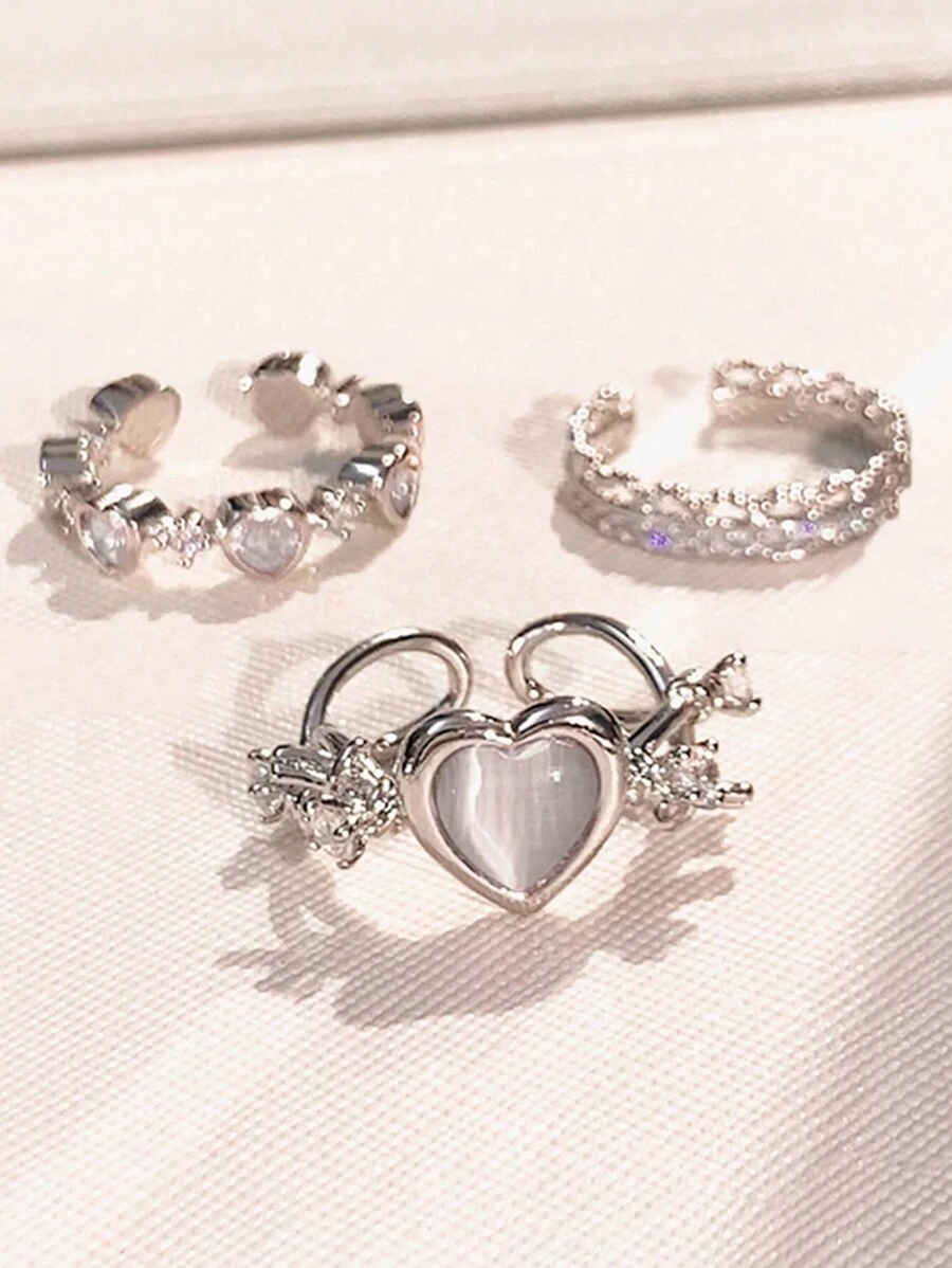 3pcs Fashionable Open Ended Ring With Heart-Shaped Rhinestone ...