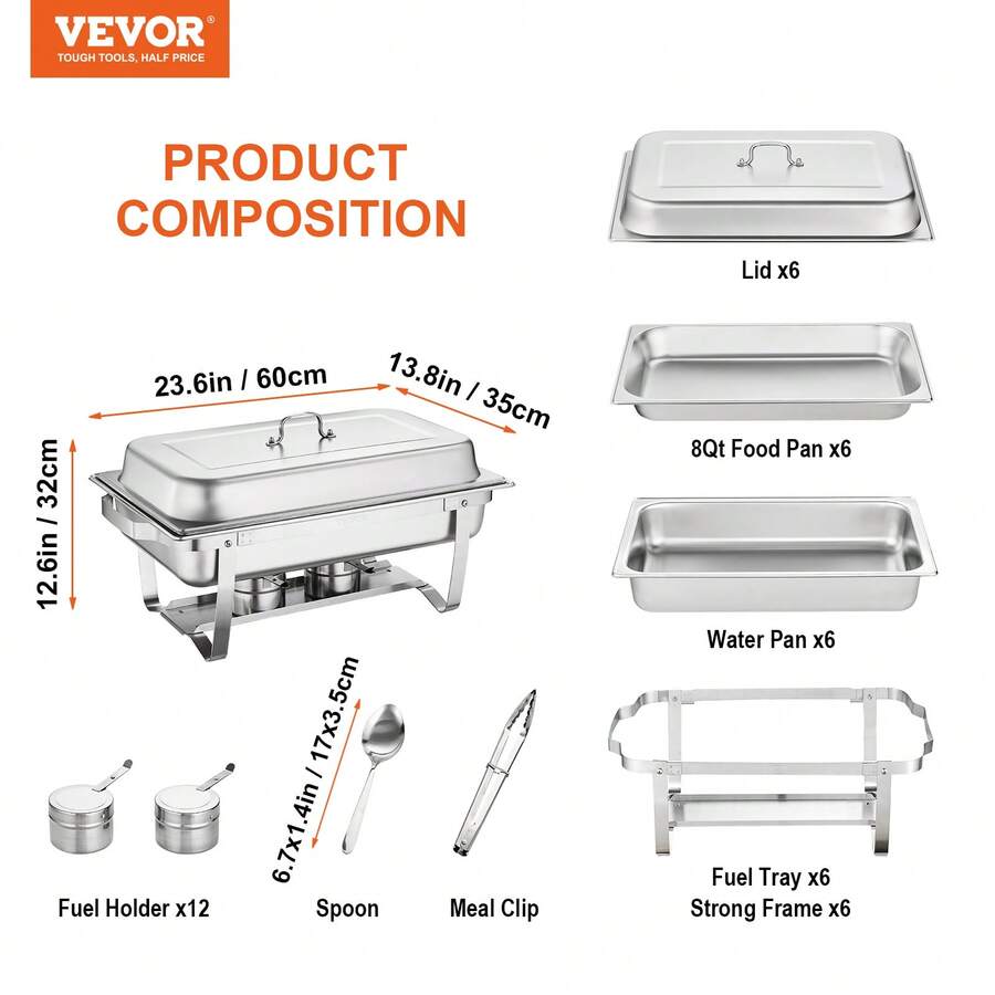 VEVOR 8 Qt Chafing Dish Buffet Sets 2 4 & 6 Pack Full-Size Food Pans ...