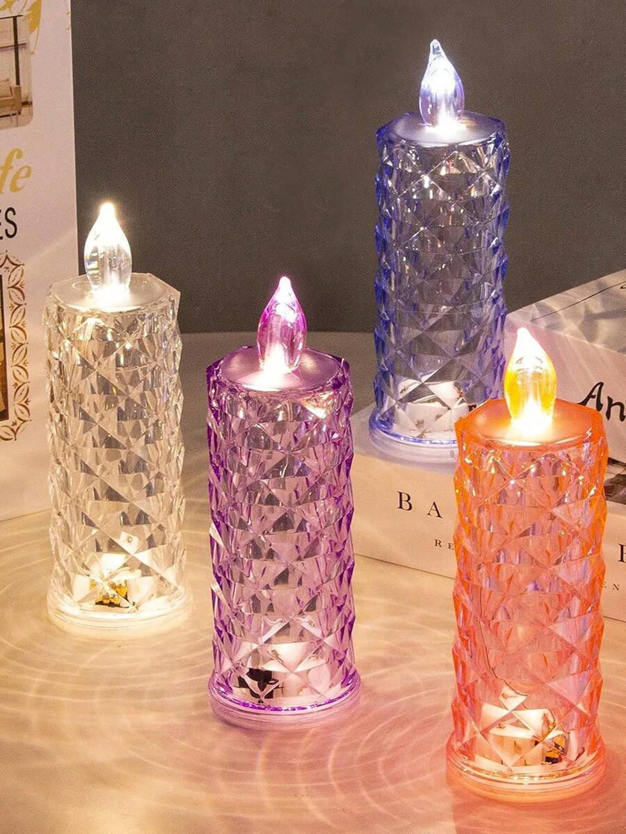 1pc Rose Pattern Battery-Driven Crystal Pillar Flame Free Candle Light ...