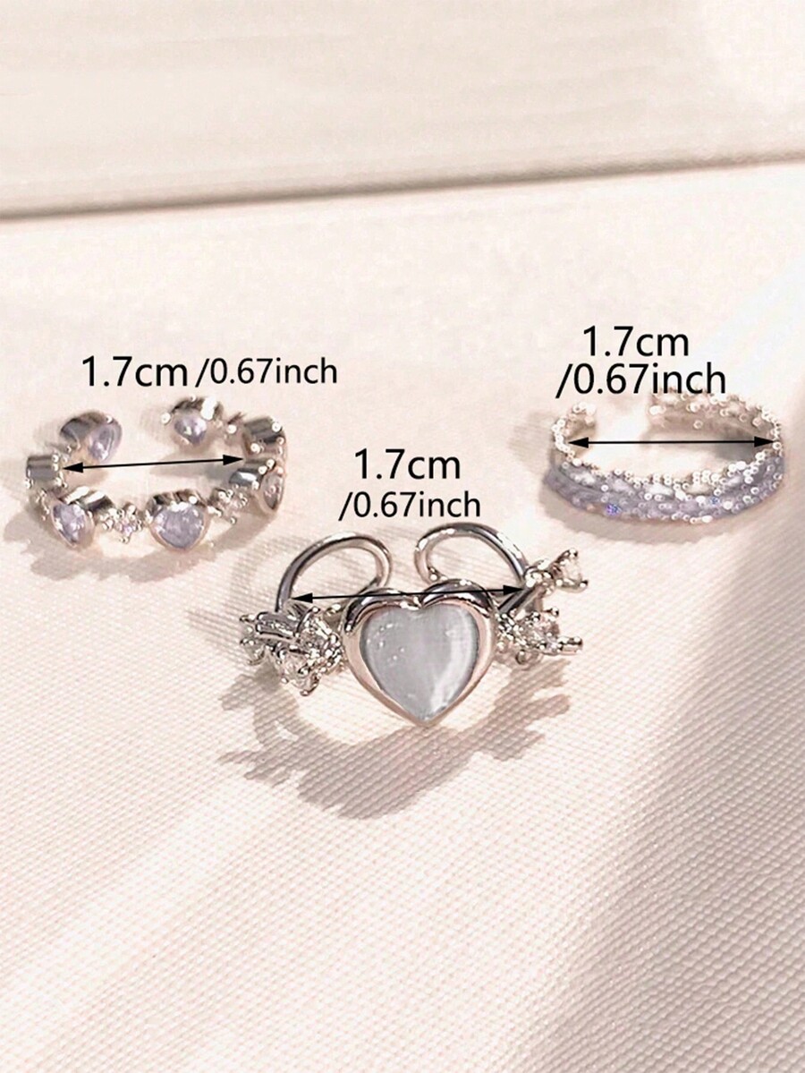 3pcs Fashionable Open Ended Ring With Heart-Shaped Rhinestone ...