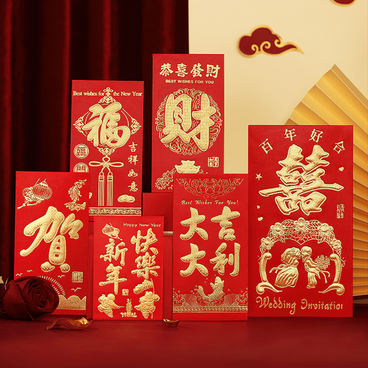 6PCS Chinese Red Envelopes, Chinese New Year Hong Bao Packet Red Gold ...
