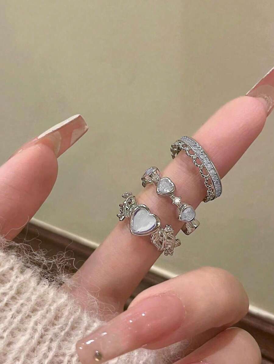 3pcs Fashionable Open Ended Ring With Heart-Shaped Rhinestone ...