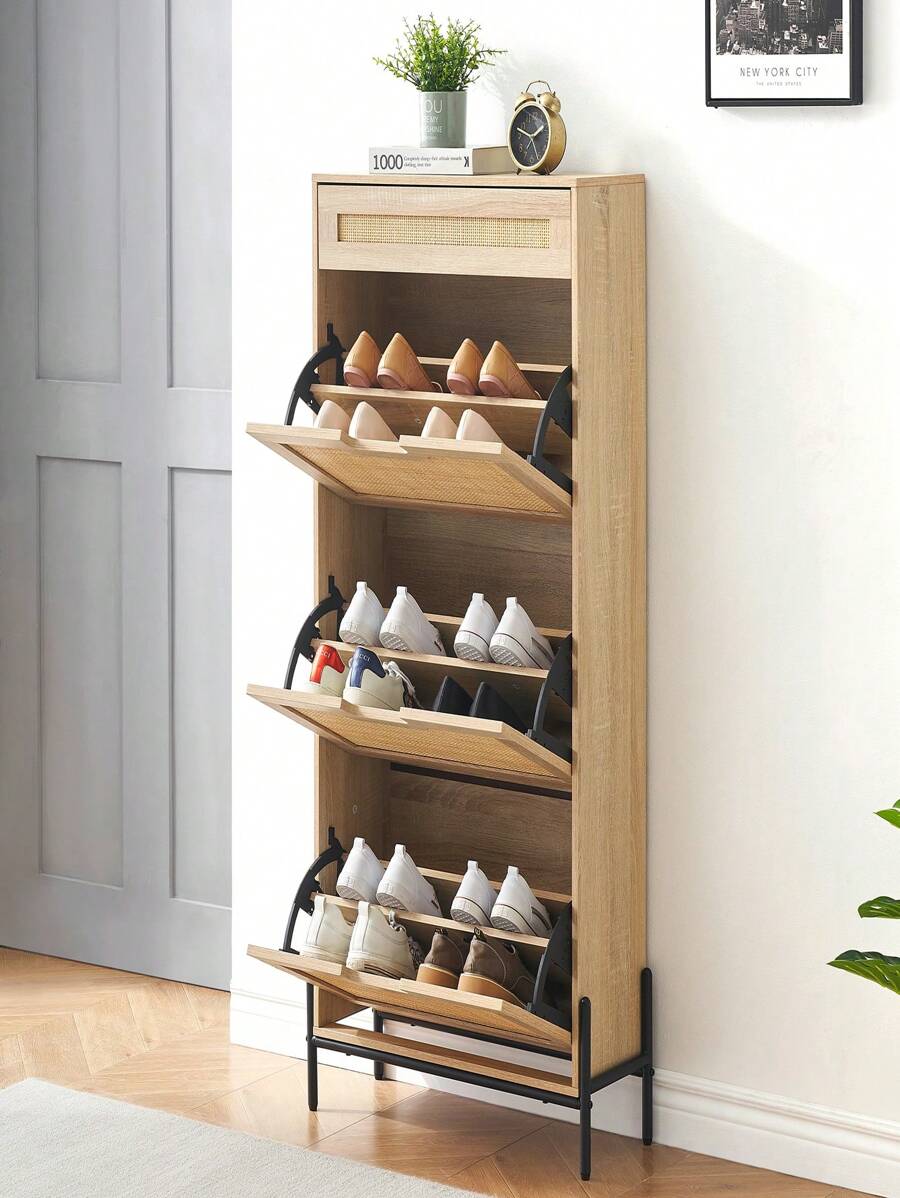 Shoe Storage Cabinet, Natural Rattan Shoe Rack Organizer with 3 Flip ...