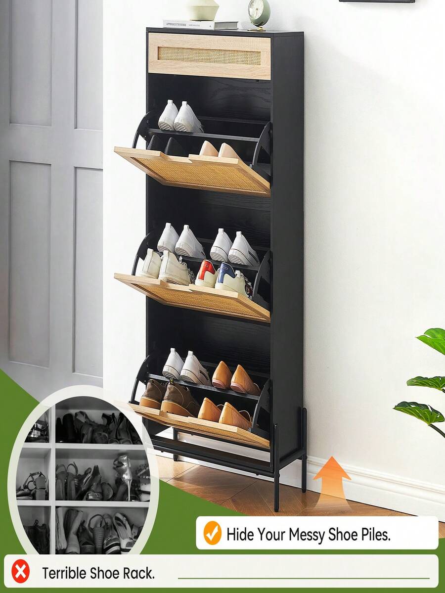Shoe Storage Cabinet, Natural Rattan Shoe Rack Organizer with 3 Flip ...