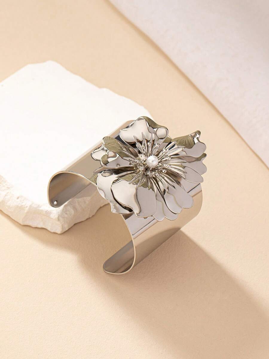 1pc Metallic Wide Cuff Bracelet With Floral Design In Gold And Silver ...