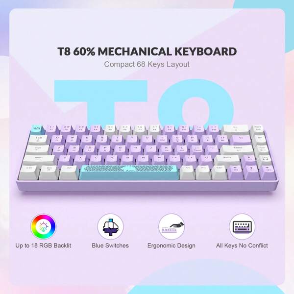 SHEIN-T8-Mechanical Keyboard-Lavender & Blue Switch | SHEIN USA