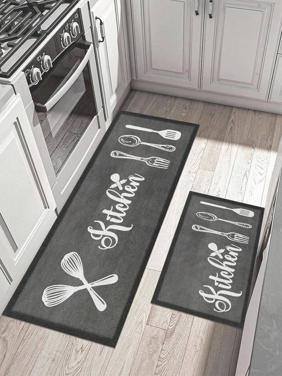 1pc Tableware Letter Printed Kitchen Mat, Modern Style Polyester ...