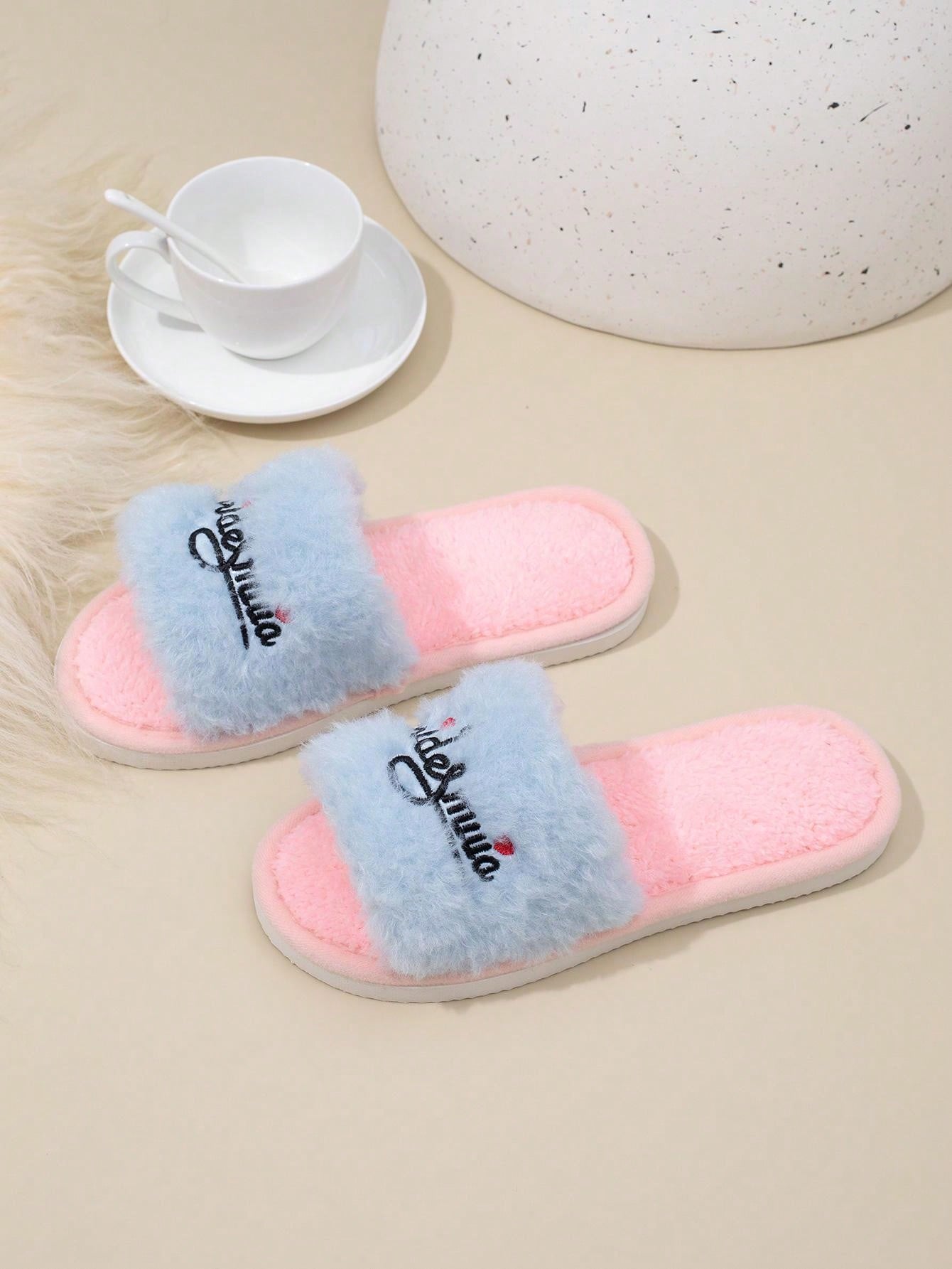 Women's Home English One-word Open Slippers Women's Blue Indoor And ...