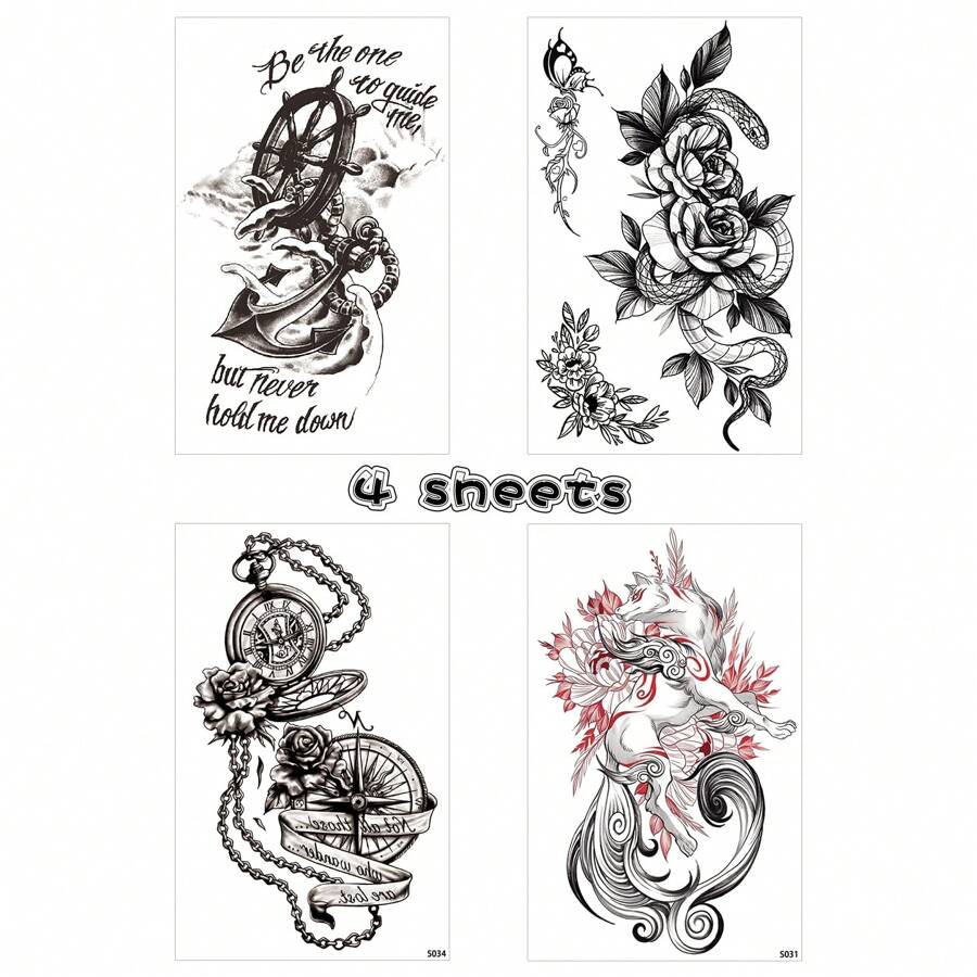 4 Half Arm Temporary Tattoos Sleeve Tattoos Waterproof Realistic Long ...