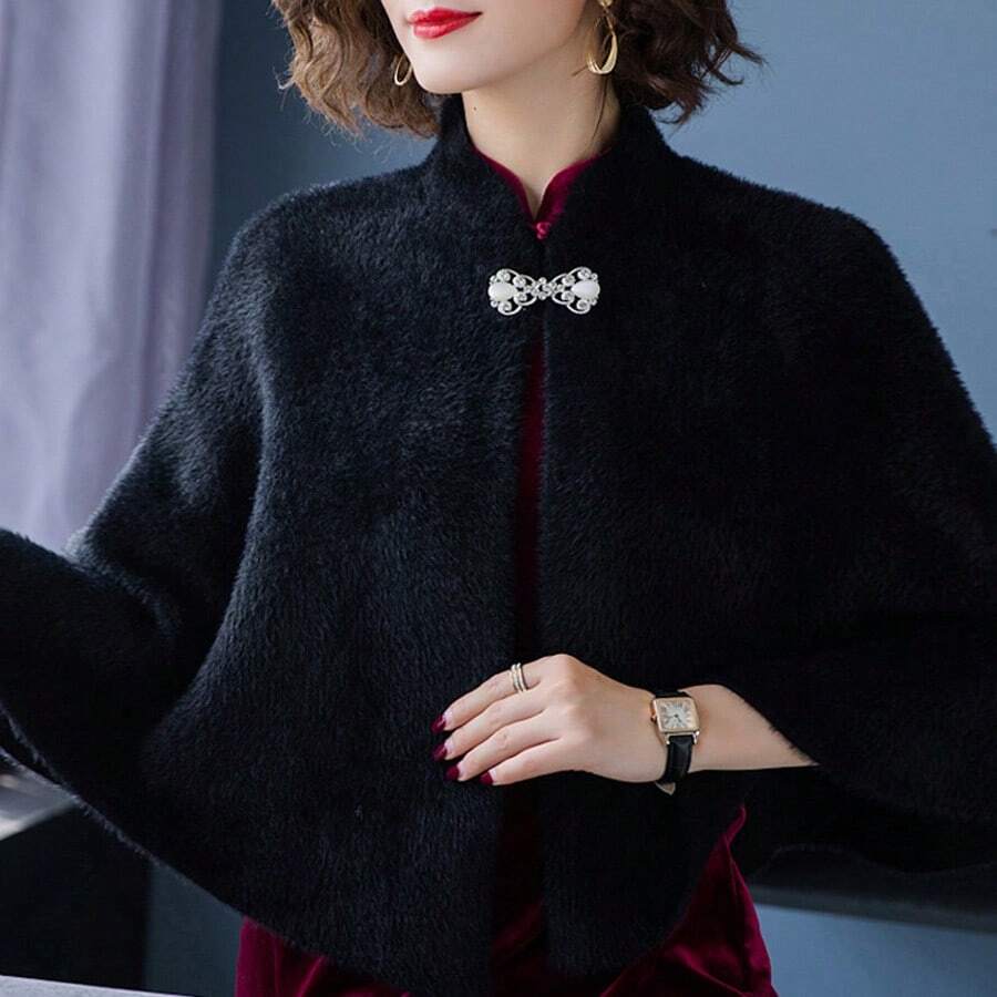 1pc Short Solid Faux Fluffy Shawl For Women, Thickened, Suitable For ...