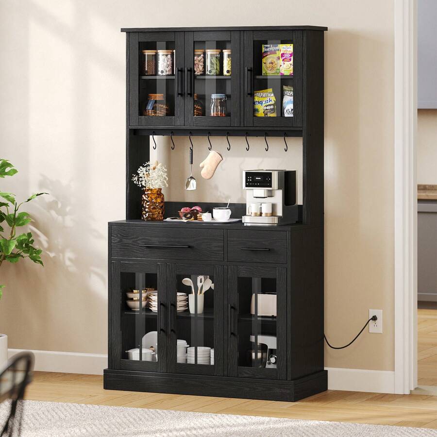 71'' Freestanding Kitchen Pantry Cabinet Tall Hutch Cabinet with Power ...
