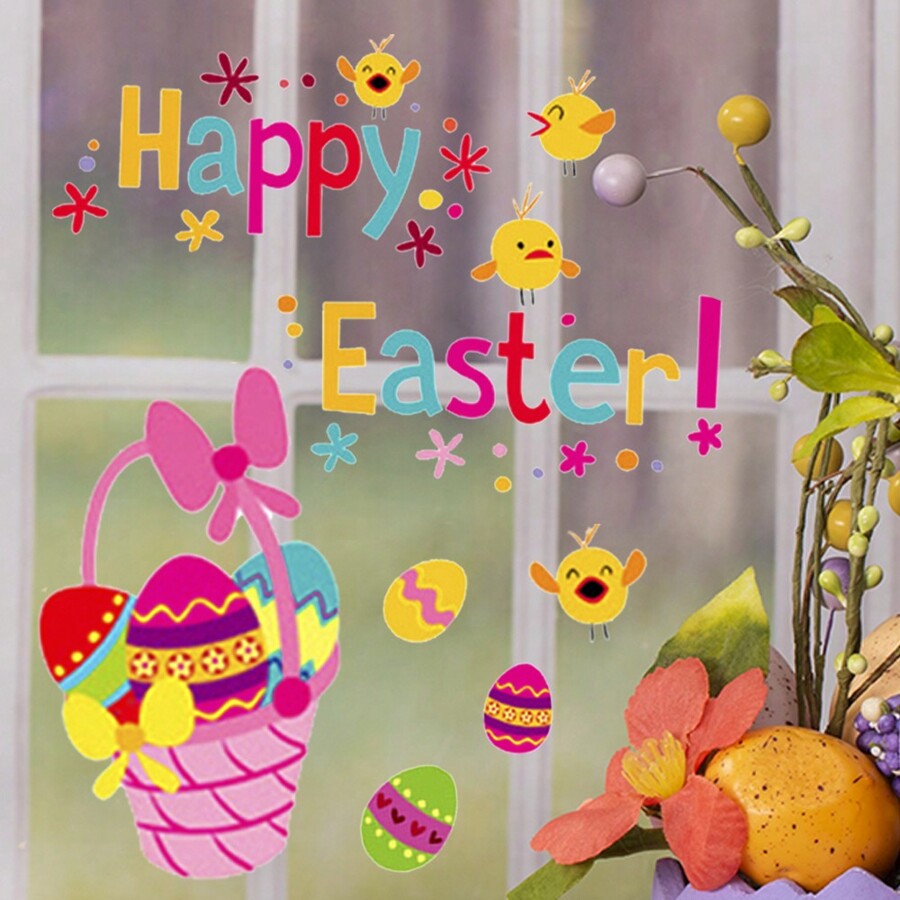 1set Easter Window Clings, Bunny Rabbit And Egg Pattern Window Sticker ...