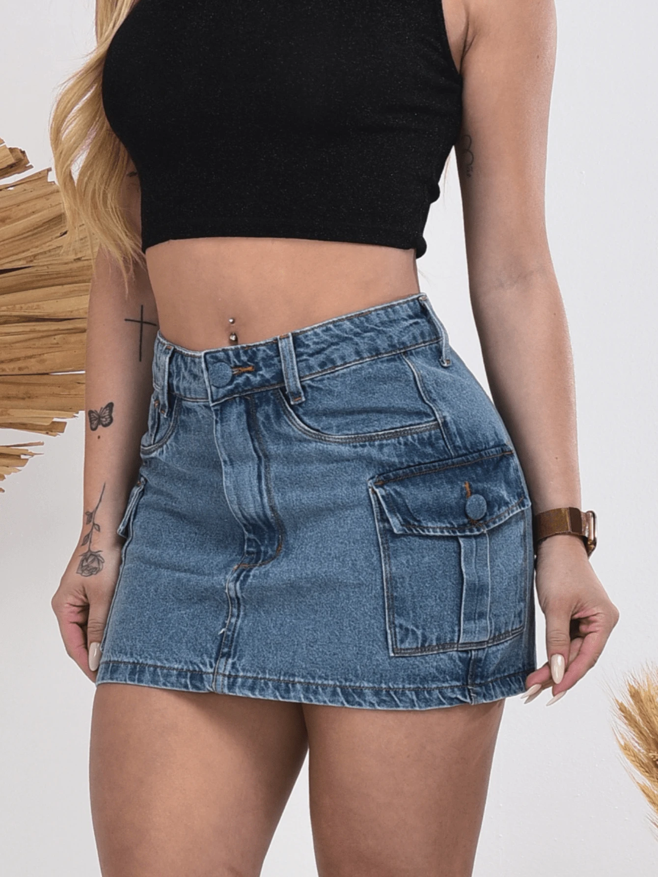 Saia jeans cargo marmorizada, coleção verão | SHEIN Brasil