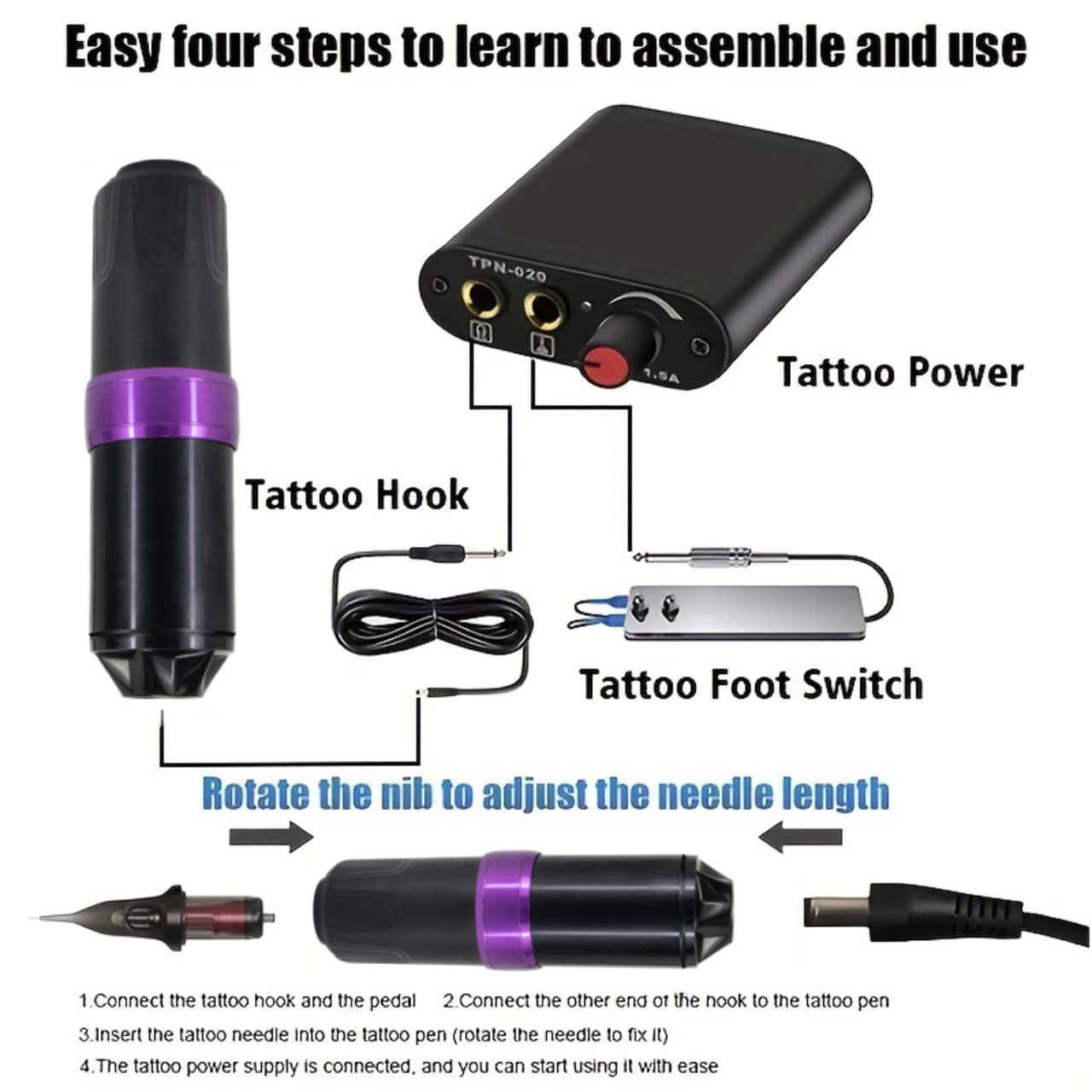 Neebol Kit de máquina de tatuar Neebol, completo con pistola de tatuaje tipo pluma, fuente de ...