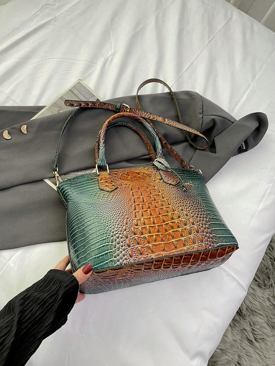 Ombre Crocodile Embossed Handbag, Classic Style Crossbody Bag, Women's ...