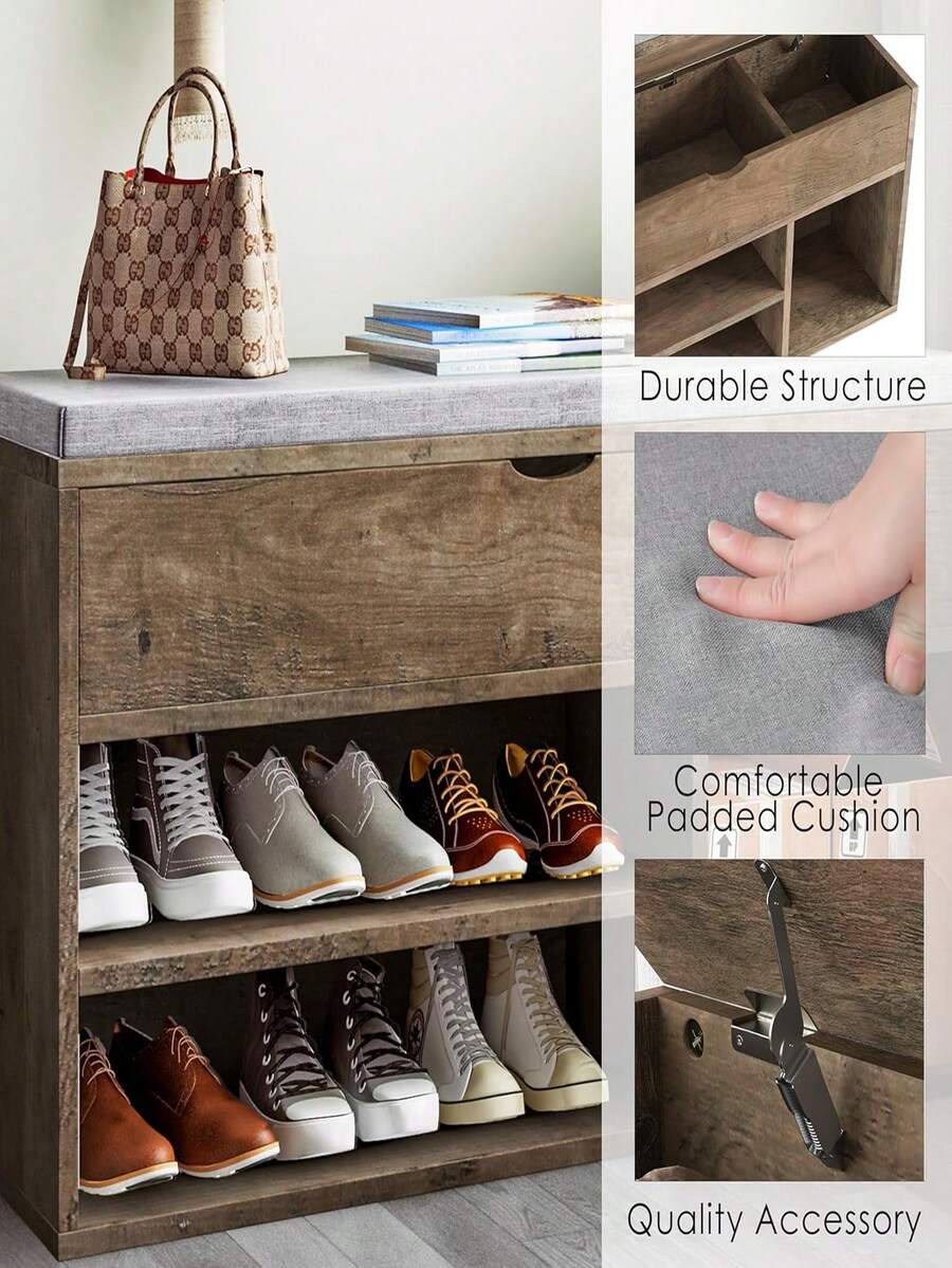 Shoe Storage Bench, Shoe Rack Benches with Cushioned Seat, 2 Tiers of Shelves, and Lift-Top ...