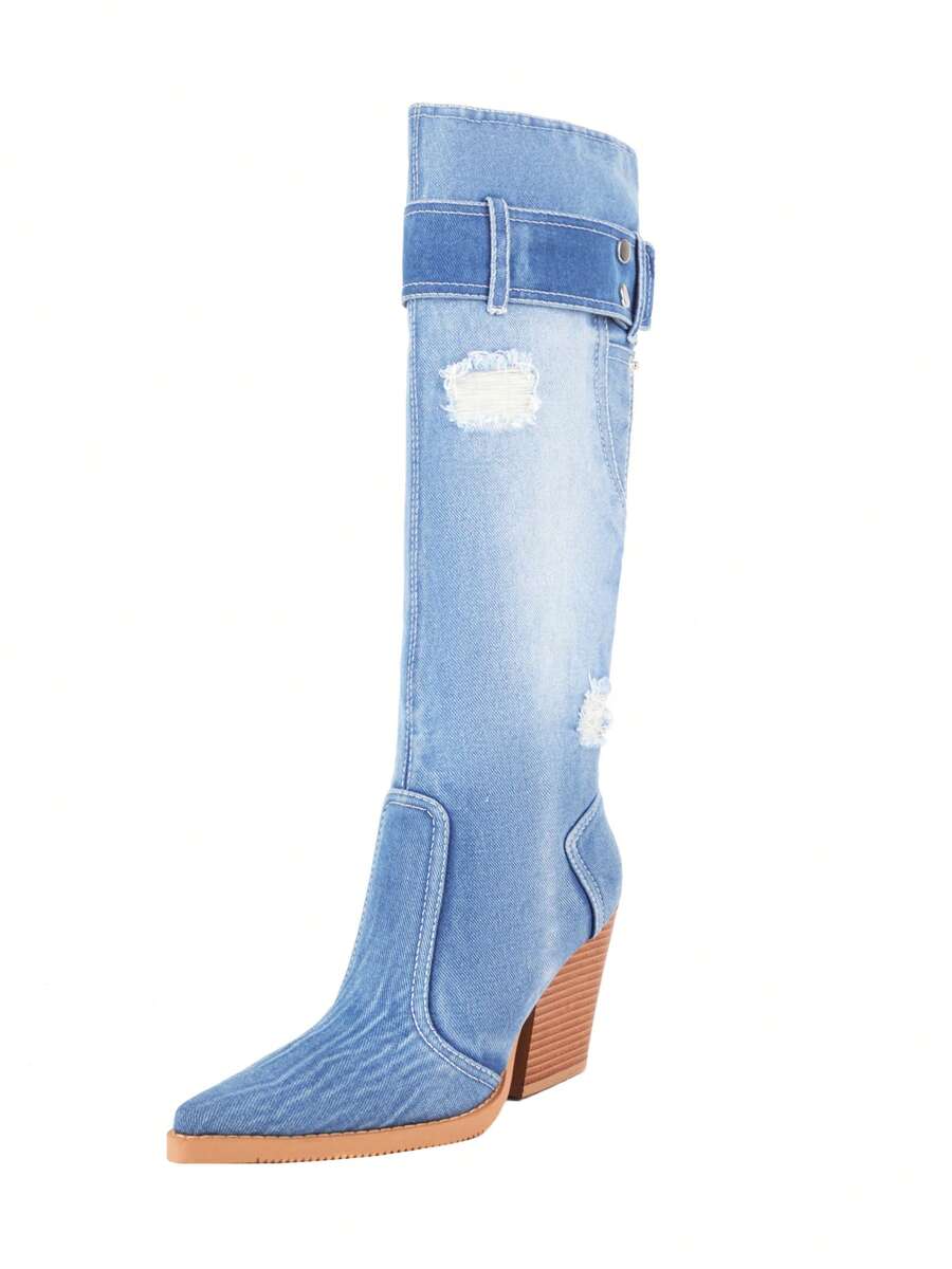 Vivianly Women Denim Knee High Prom Boots Pointy Toe Chunky Stacked ...