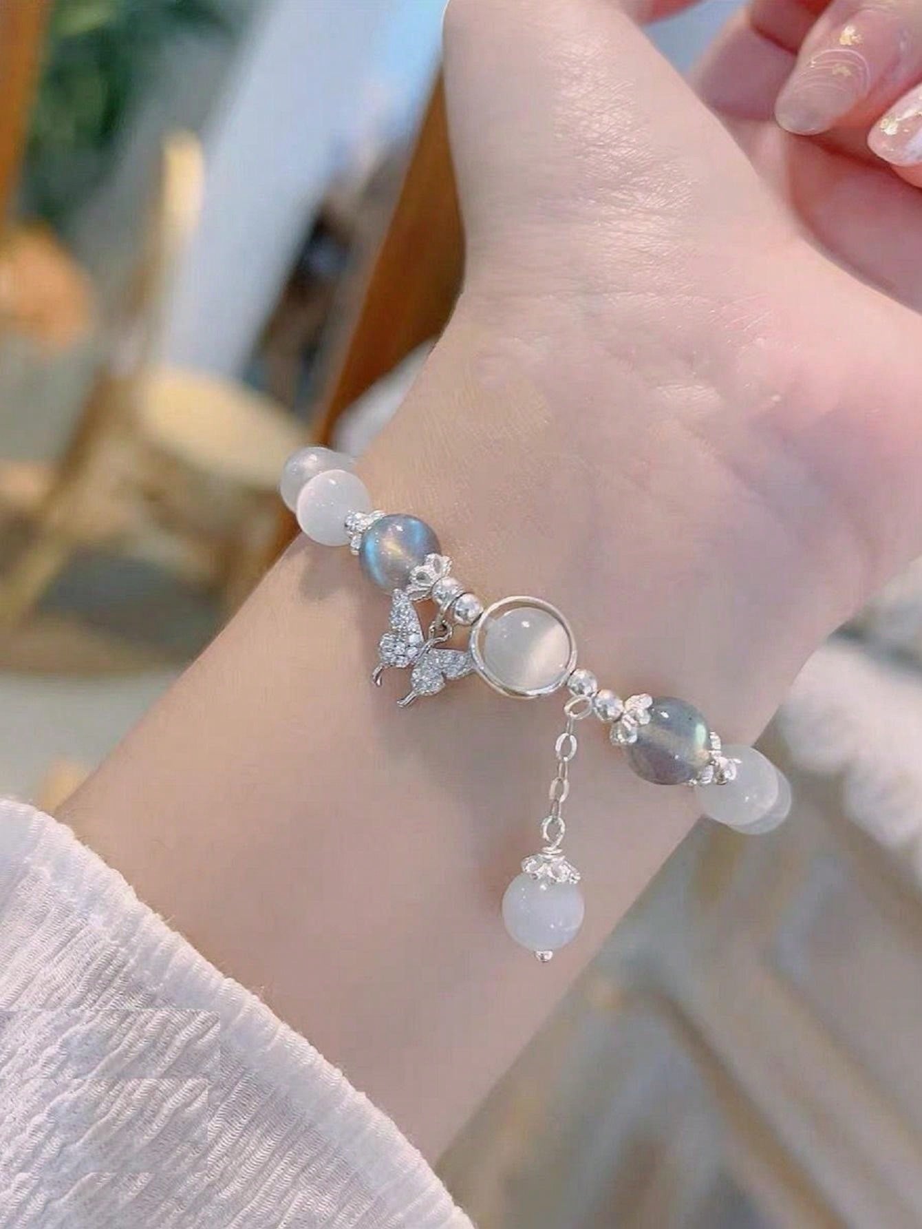 1pc Grey Moonlight Crystal Charm Bracelet With Butterfly And Star ...
