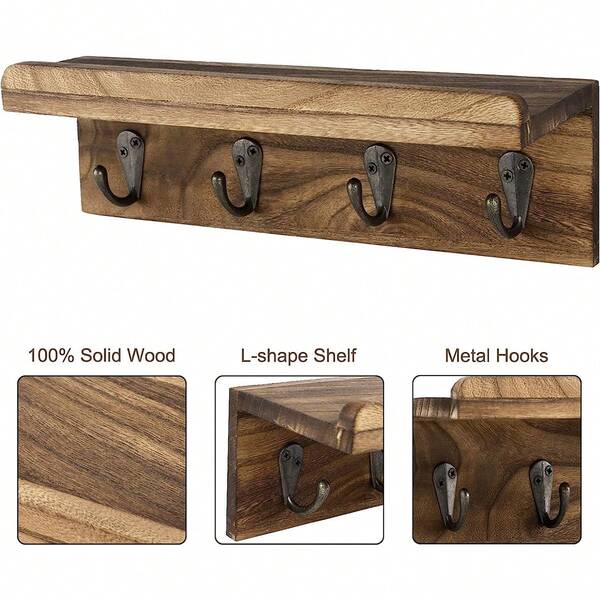 Rustic Key Holder for Wall, Farmhouse Wall Shelf with 4 Hooks, Wall ...