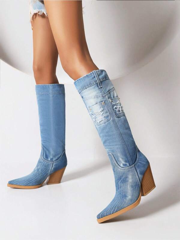 vivianly Women Denim Knee High Boots Pointy Toe Chunky Stacked Heel ...