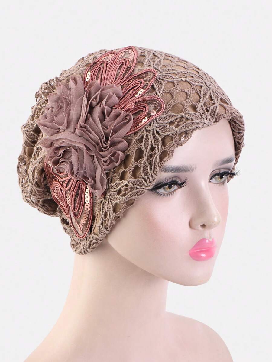 1pc Women's Lace & Shiny Sequins Big Flower Headband Hat, Beanie Cap ...