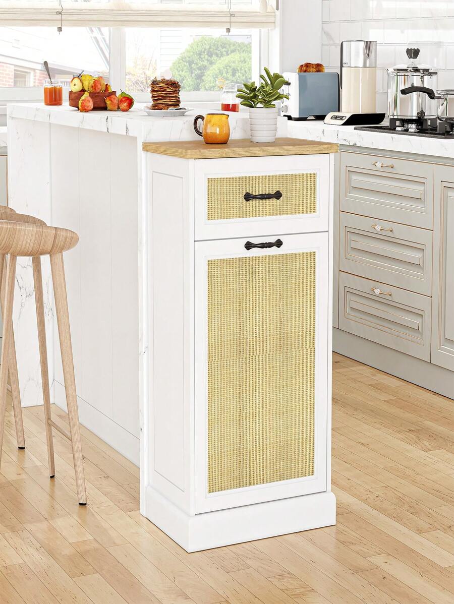 Tilt Out Trash Cabinet with Natural Rattan, Hidden Trash Can Cabinet 10 ...