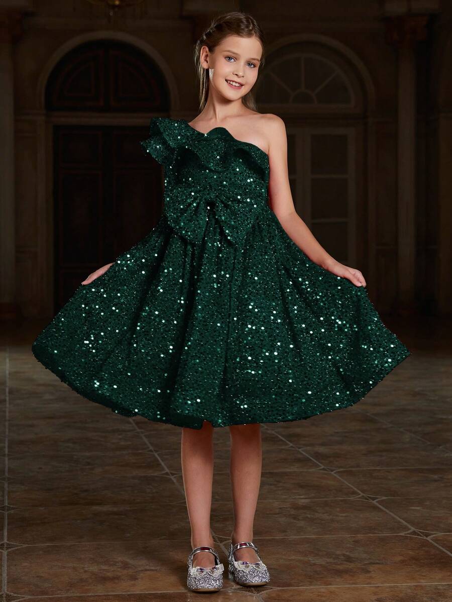 Robe de fête étincelante à bordure volantée et nœud papillon pour les ...