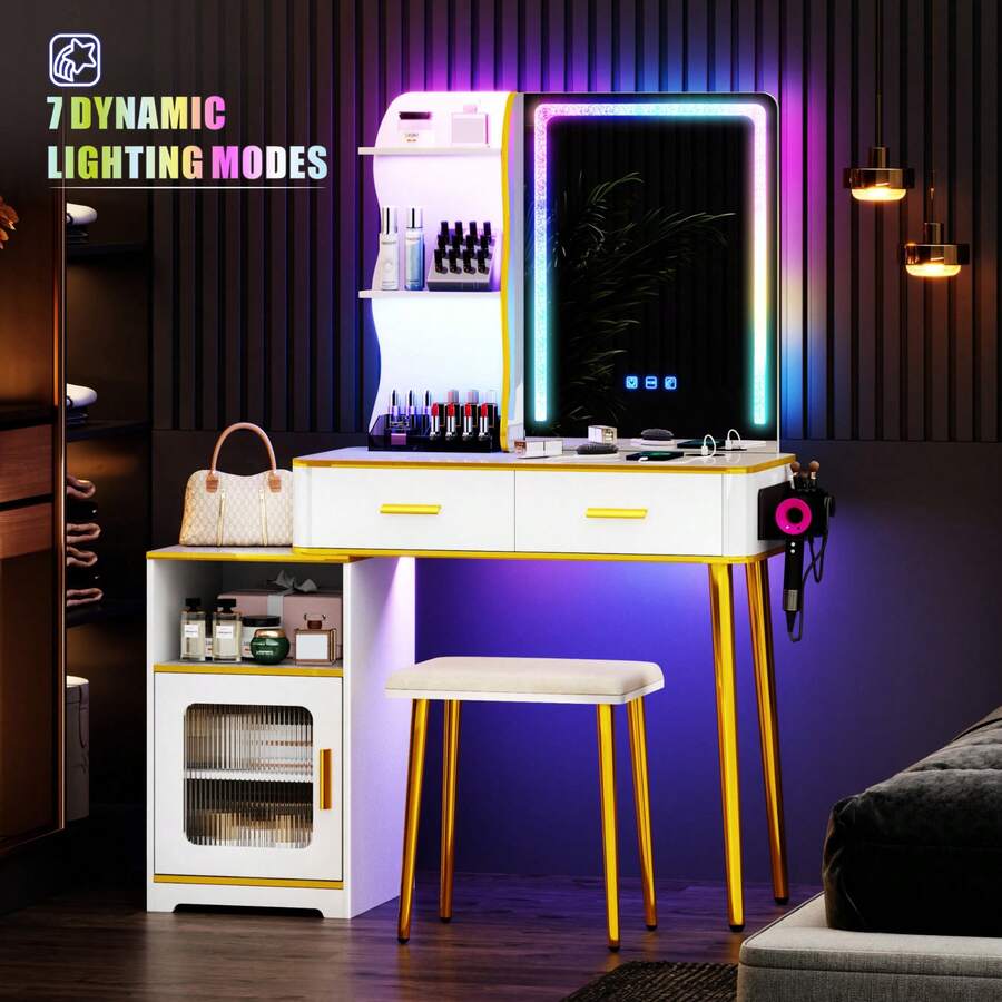 FREDEES Vanity Makeup Table with Mirror: Dressing Table with Lights ...