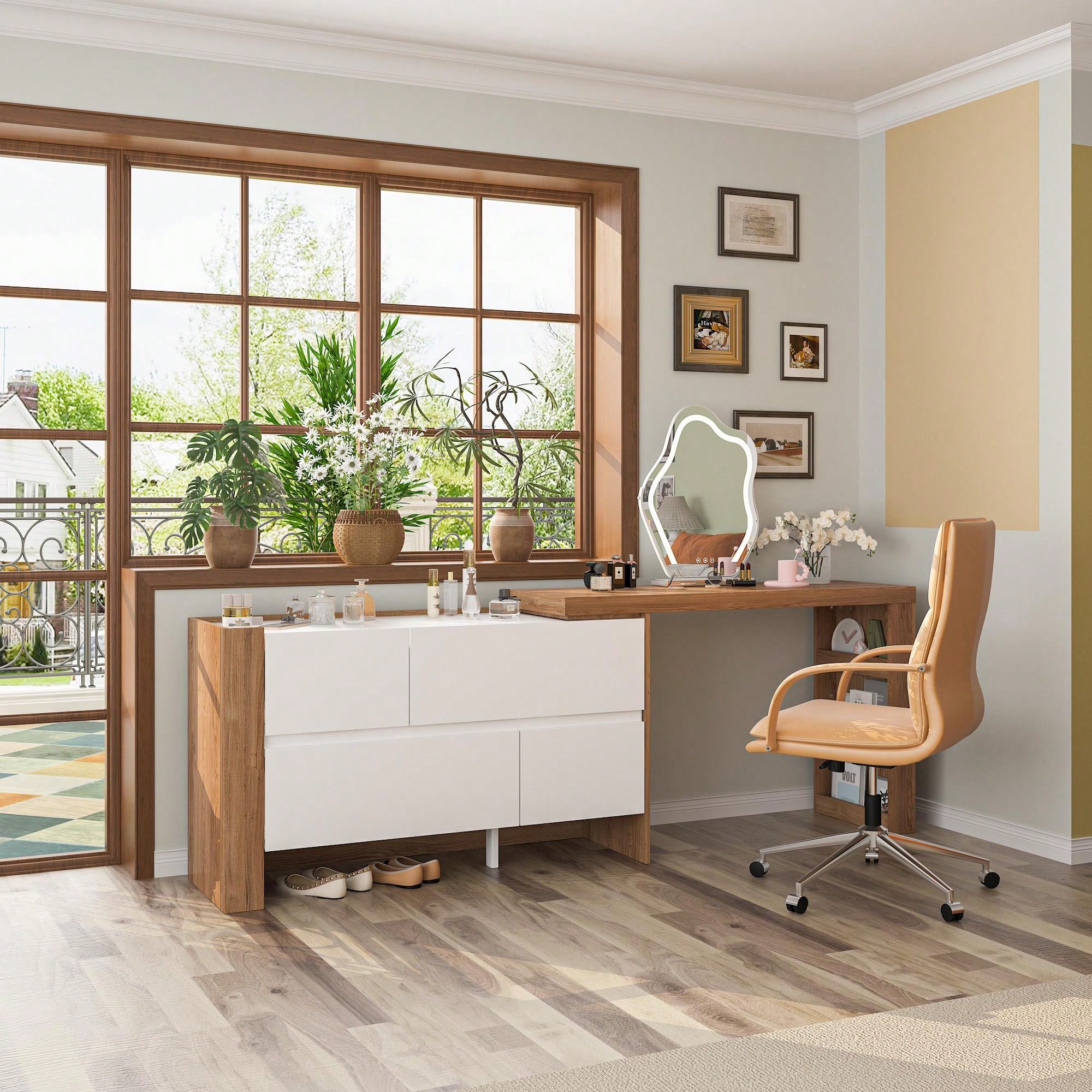 2 in 1 Vanity Desk, Shape Adjustable Vanity Table with L-Shaped Desk ...