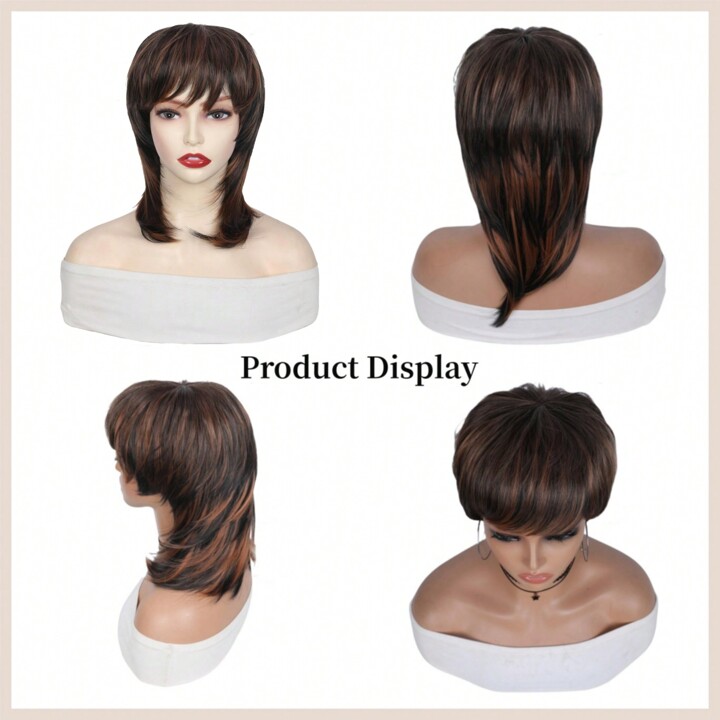 Brown Highlight Mullet Pixie Wig Medium Length Mullet Wig Brown Mullet ...