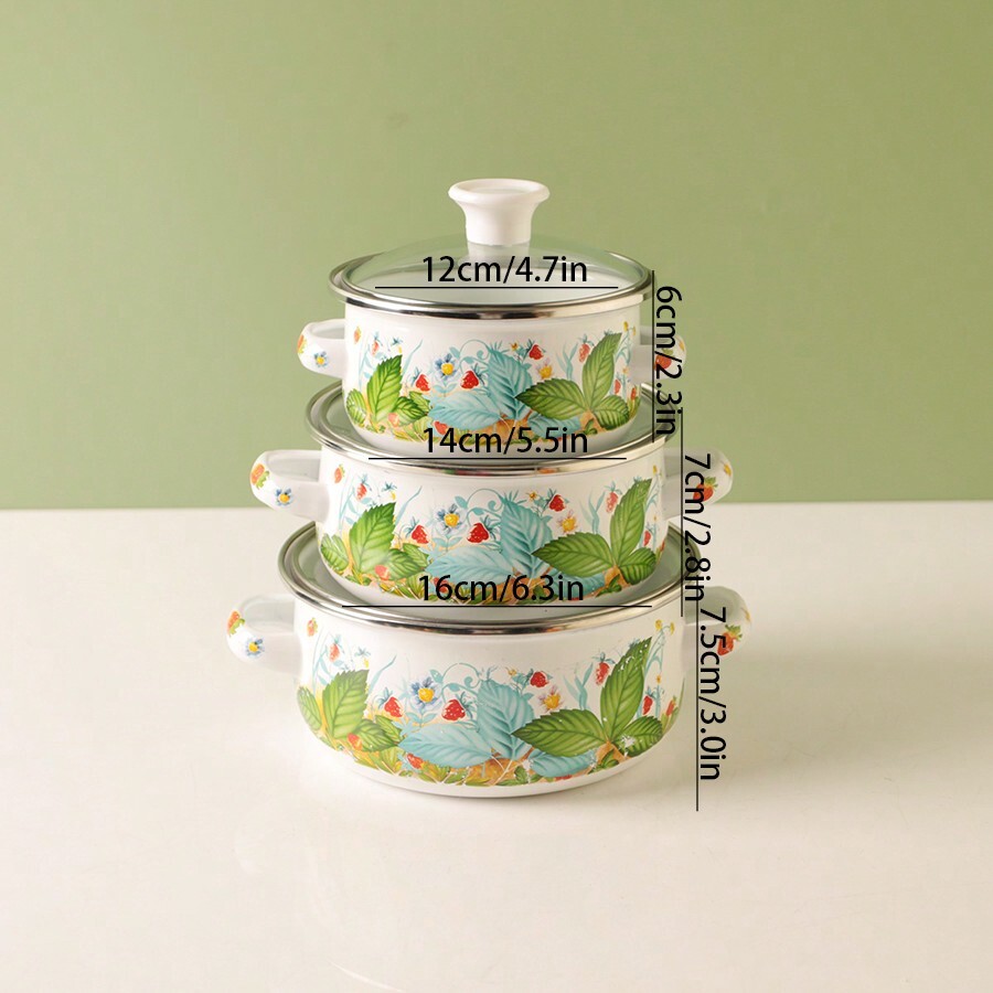 3pcs/set Enamel Pot (12-14-16cm), Mini Pot, Glass Lid, Full Flower ...