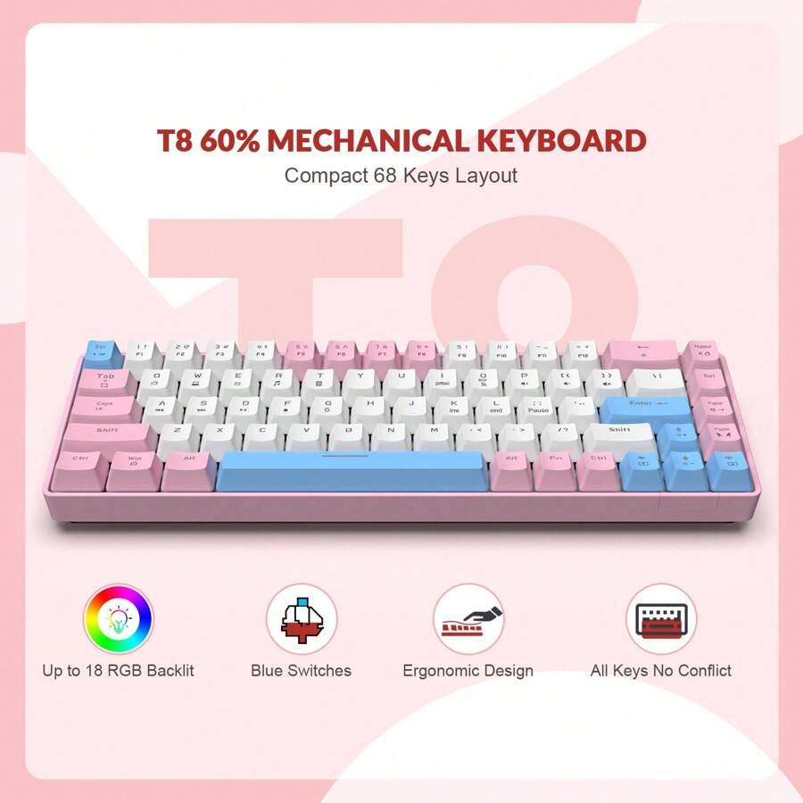 Ziyou Lang Rk-T8 Wired 65% Mechanical Gaming Keyboard, Backlit Rgb Led ...