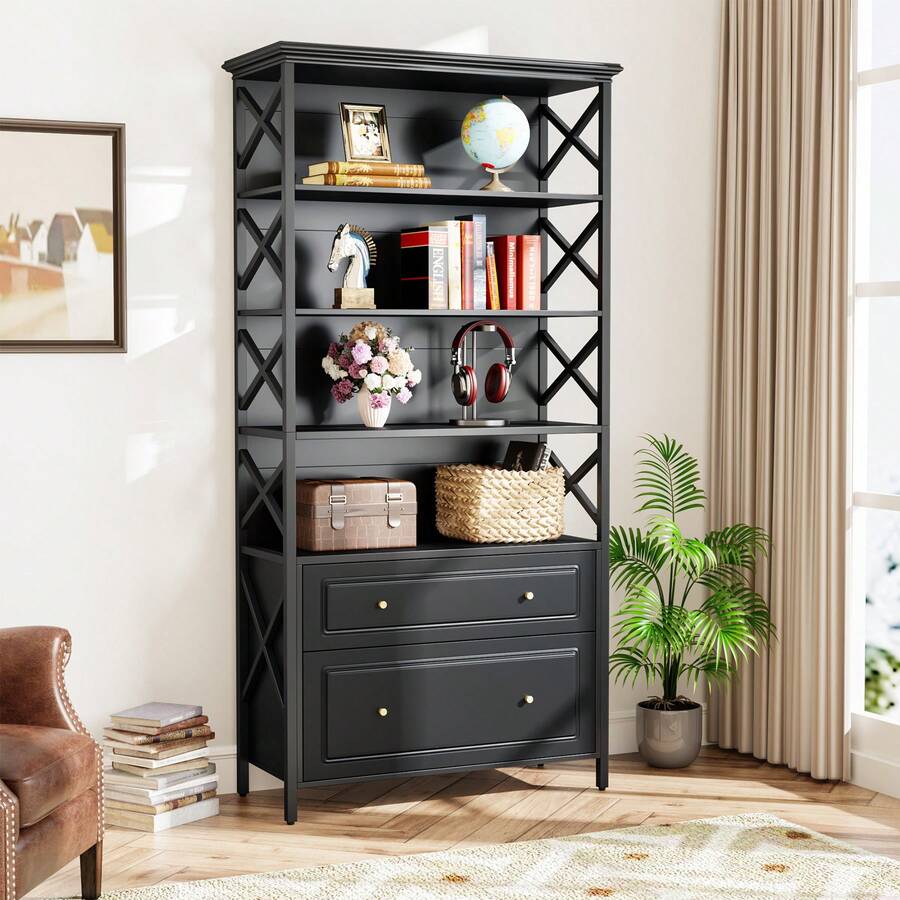 Tribesigns Black Bookshelf With 2 Drawers Tall Narrow Bookshelf ...