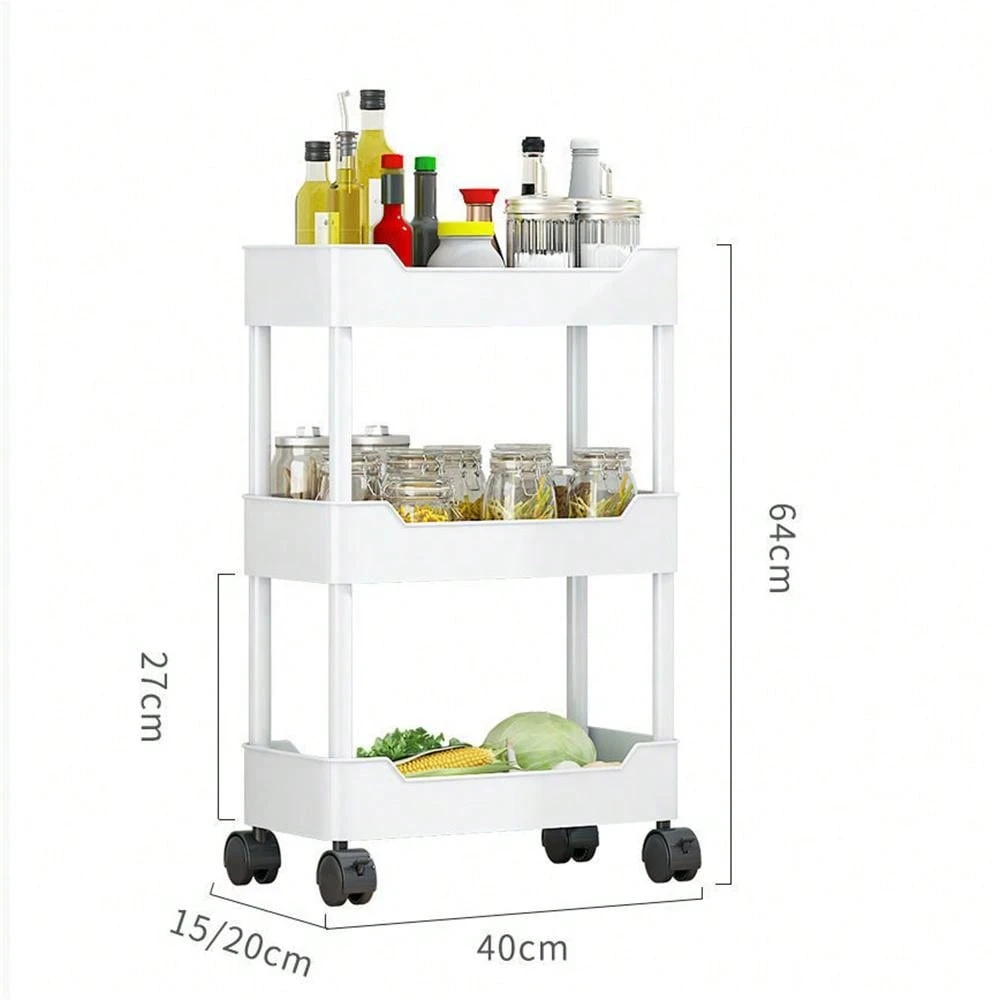 3-Tier Black/White Storage Rack With Wheels, Kitchen Rolling Cart With ...