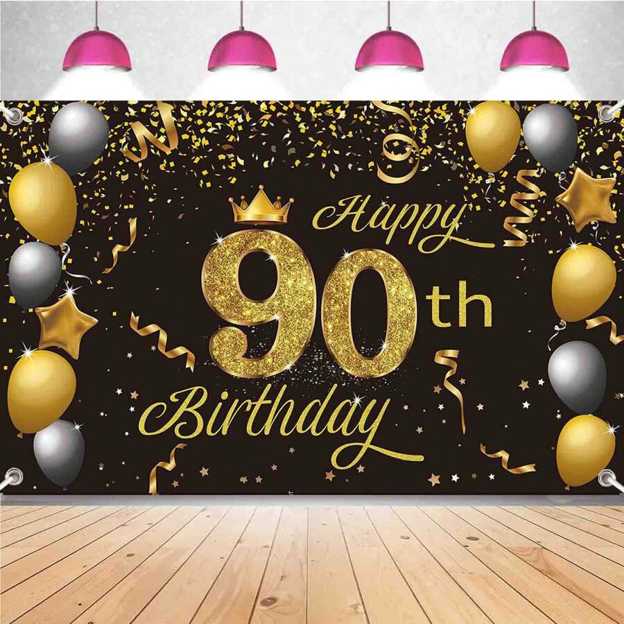 90th Birthday Backdrop Fabric - Black And Gold Themed Birthday Backdrop ...