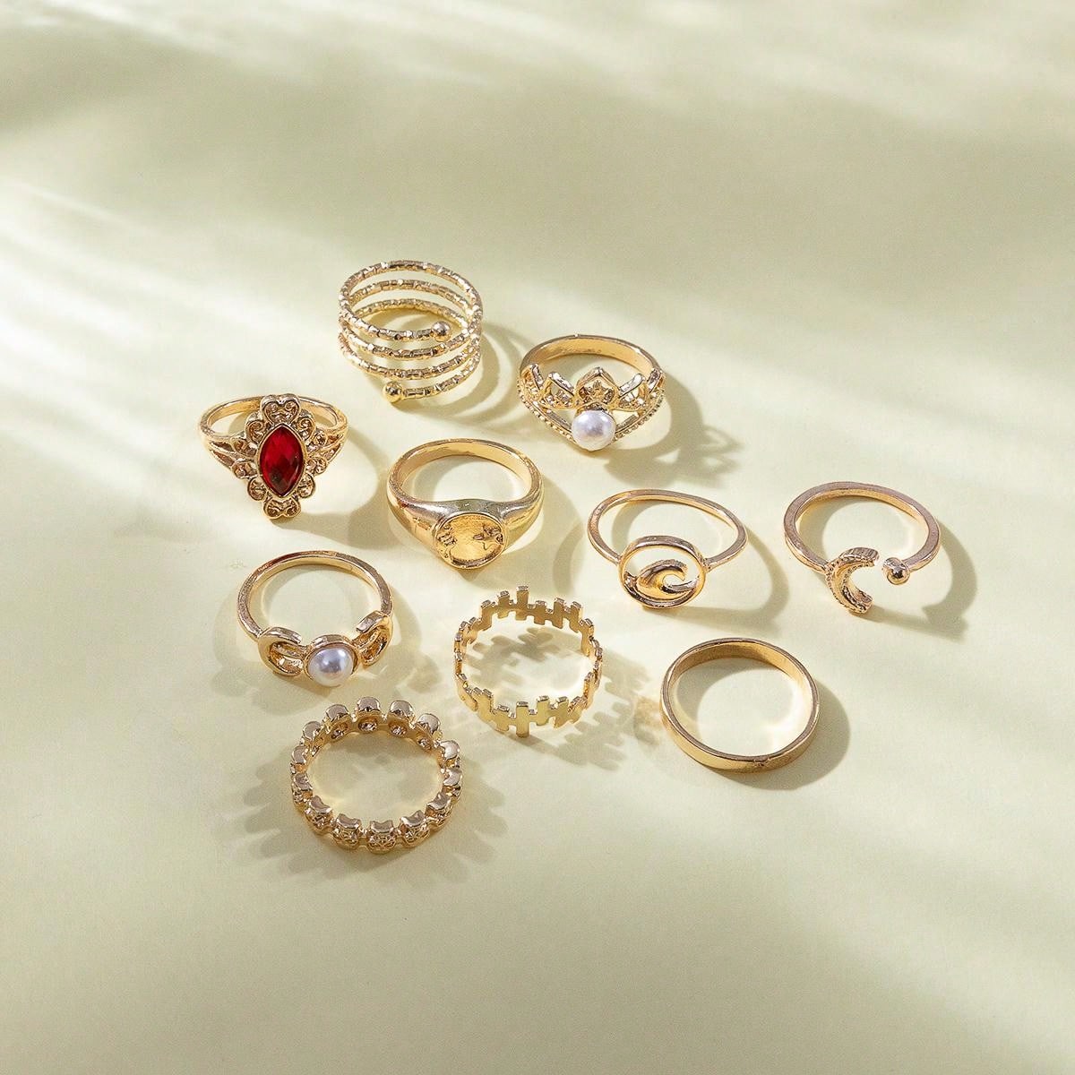 10pcs/Set Women's Alloy Moon Skull Faux Pearl Ruby & Yellow Color Ring ...