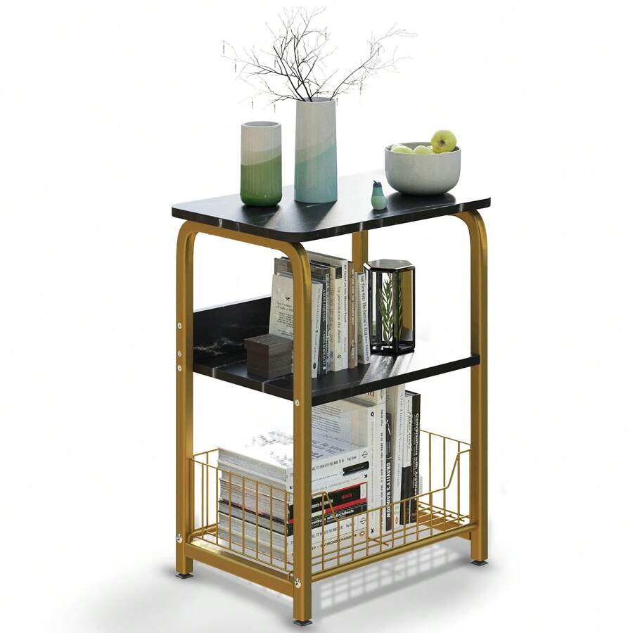 1PC Black Marble Night Stand, 3 Tiers Side Table End Table For Living ...