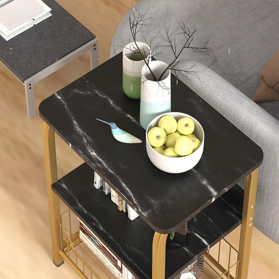 1PC Black Marble Night Stand, 3 Tiers Side Table End Table For Living ...