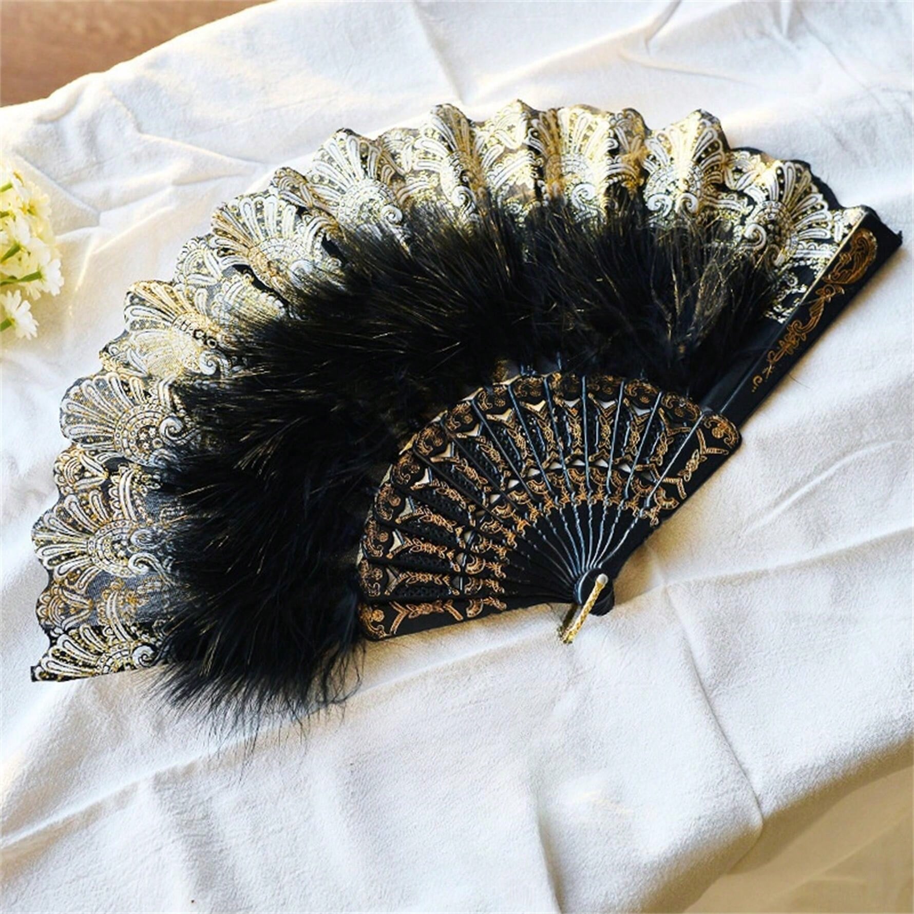 1pc Faux Feathter Plush Fan 1920's Style Masquerade Party Folding Fan ...
