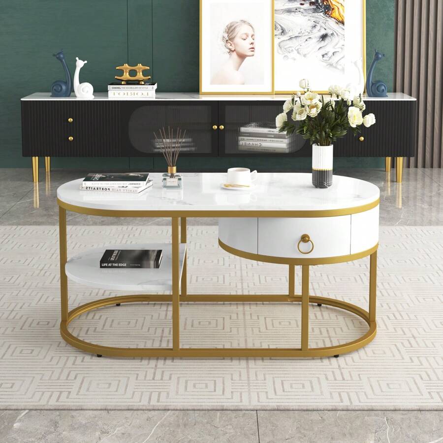Sweiko Coffee Table, Side Table With Drawers And Shelves, Marble Look ...