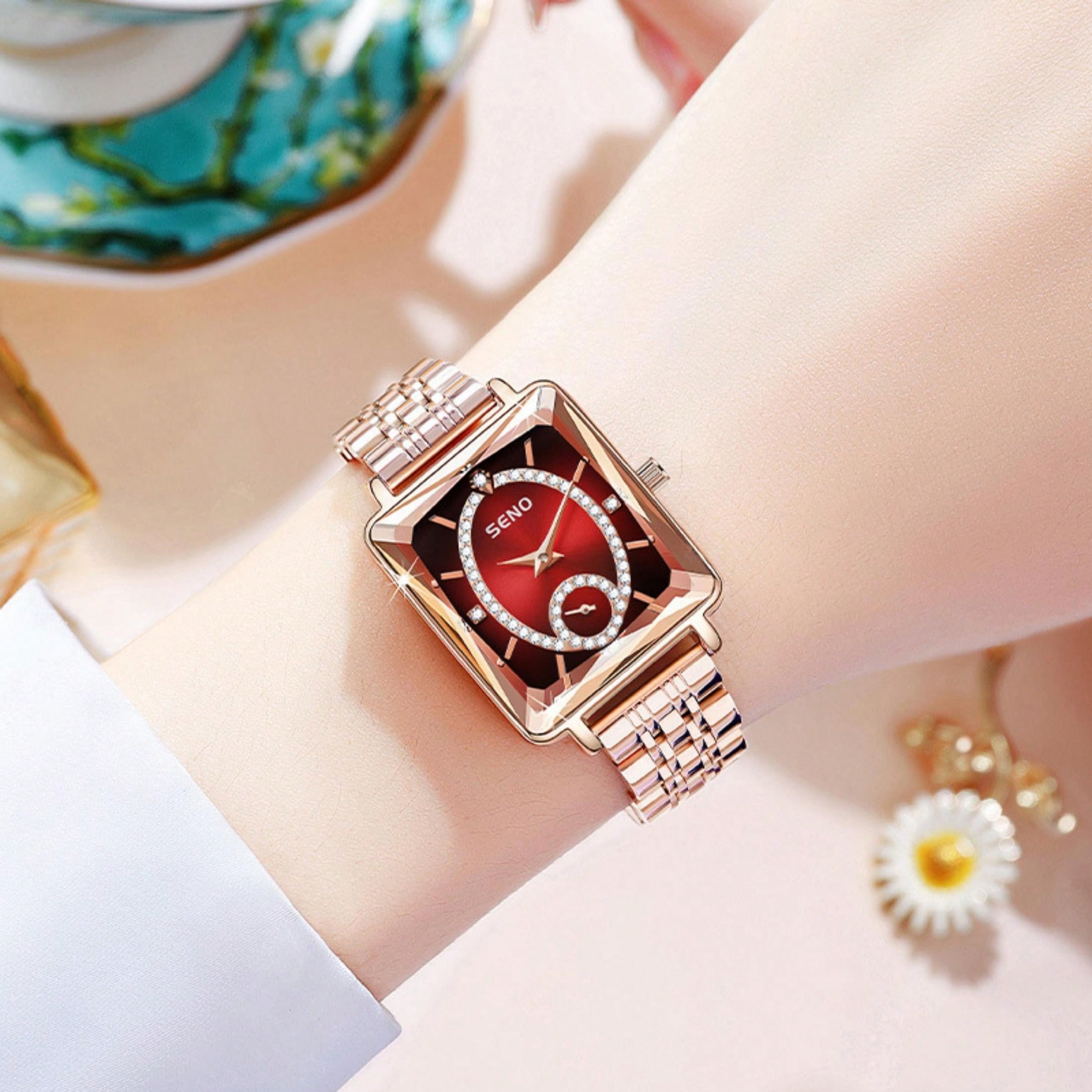 1pc Womens Watch With Red Gemstone Dial Stylish And Elegant Rose Gold