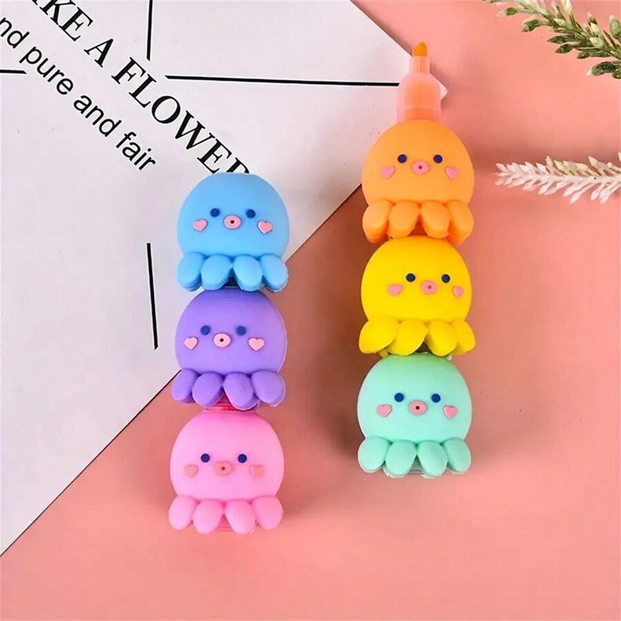 6pcs Octopus Shaped Fluorescent Pen, Cartoon Colored Eight-Armed Hand ...