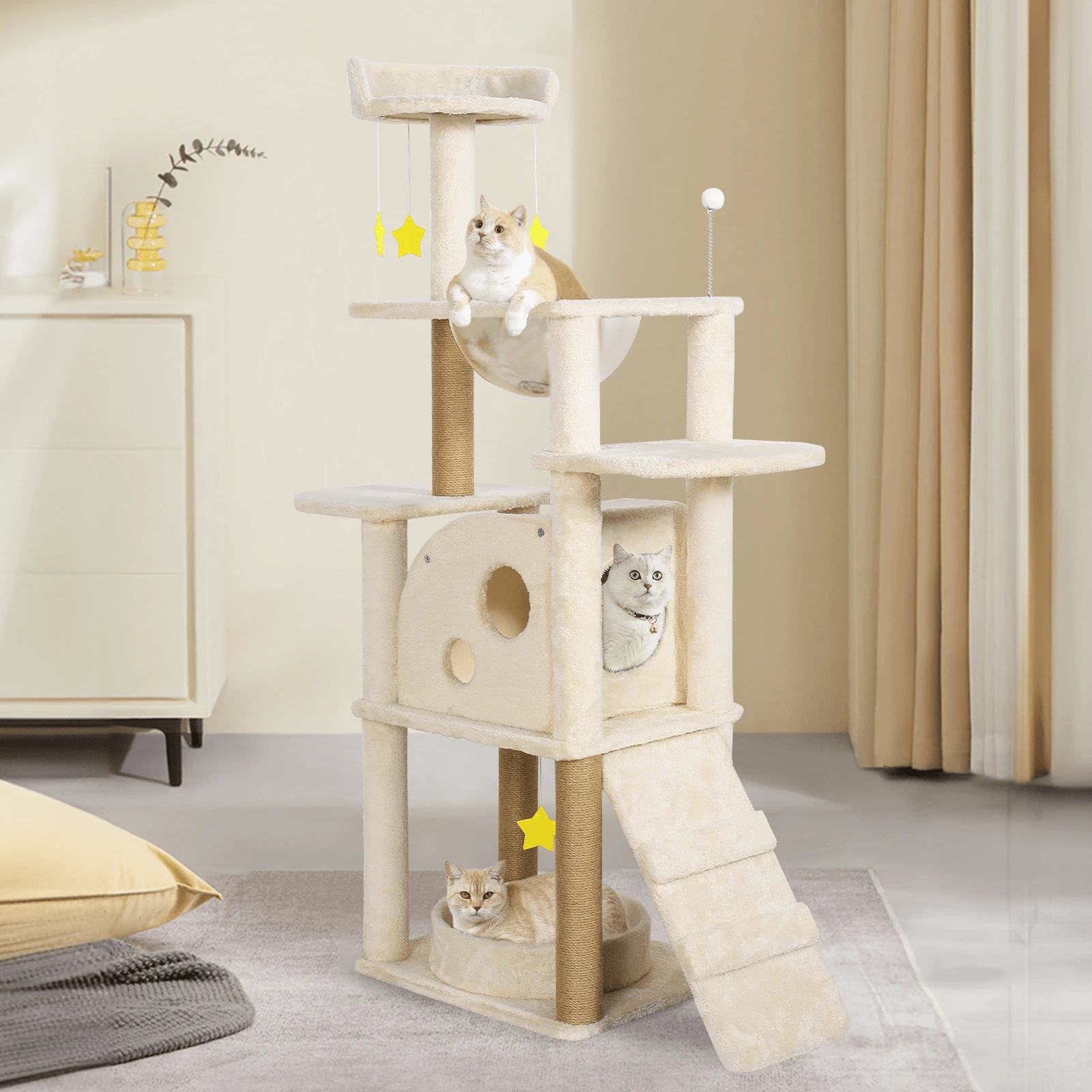 57 Inch Cat Tree Large Cat Climbing Tower with Scratching Post Hammock ...