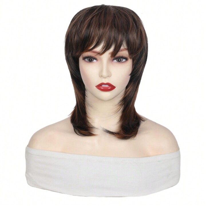 Brown Highlight Mullet Pixie Wig Medium Length Mullet Wig Brown Mullet ...